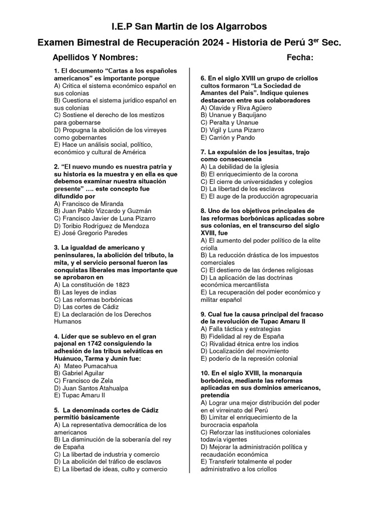 Examen Bimestral HP 3er | PDF | España