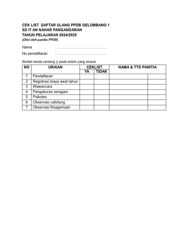 Cek List Daftar Ulang PPDB Gelombang 1 | PDF