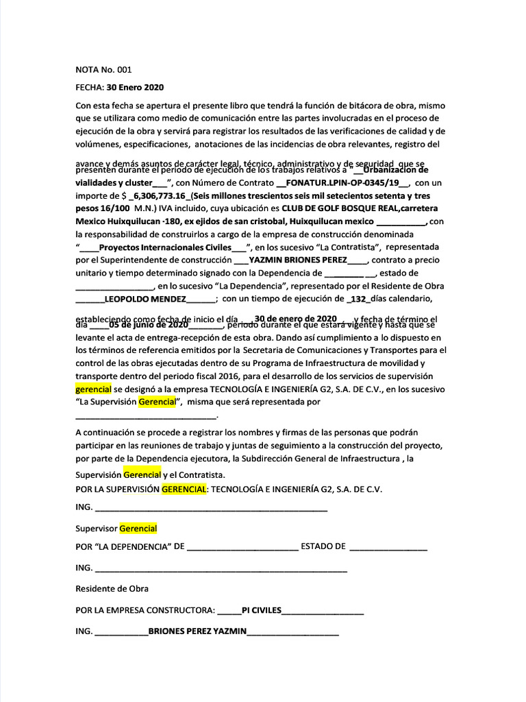 PDF Nota Apertura de Bitacora de Obra - Compress | PDF