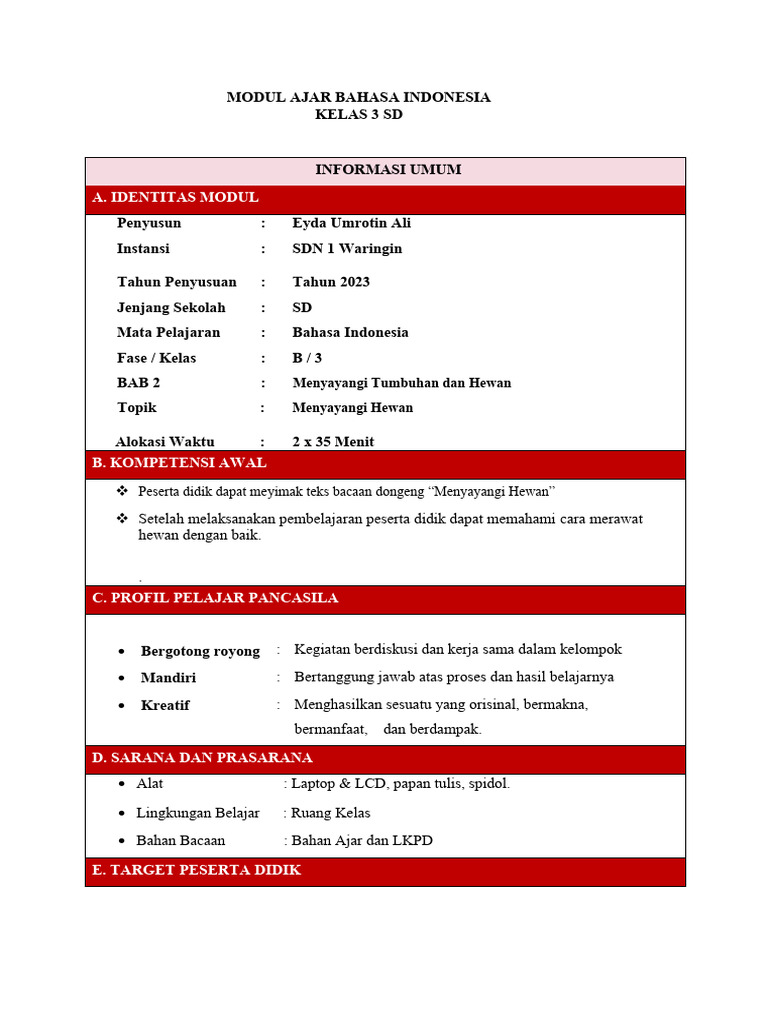 Modul Ajar Bahasa Indonesia Kelas 3 | PDF