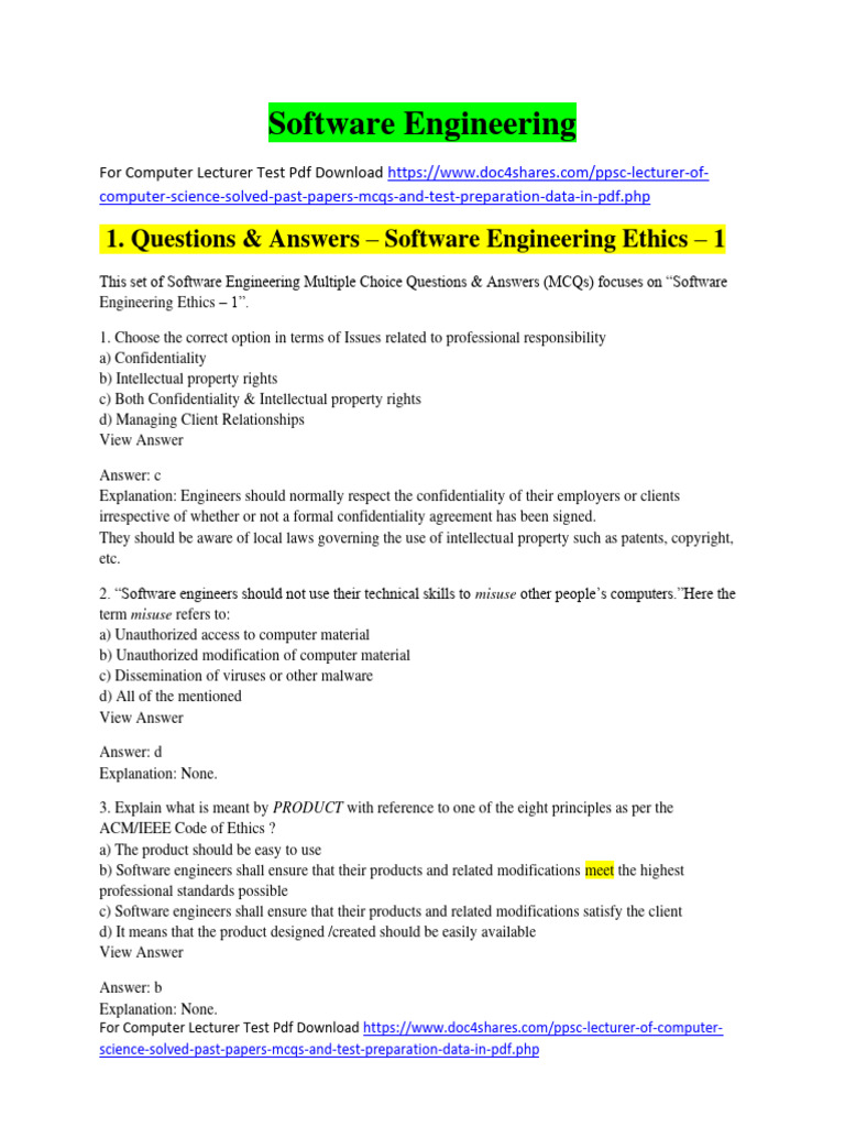 Software Engineering SE Solved Mcqs For Lecturers and Educators PDF | PDF | Software Development ...