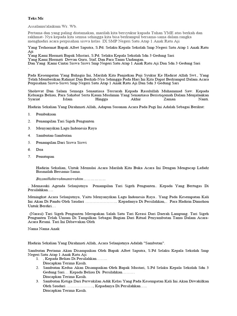 Teks MC SMP PGRI 2 | PDF | Seni & Disiplin Bahasa | Agama & Spiritualitas