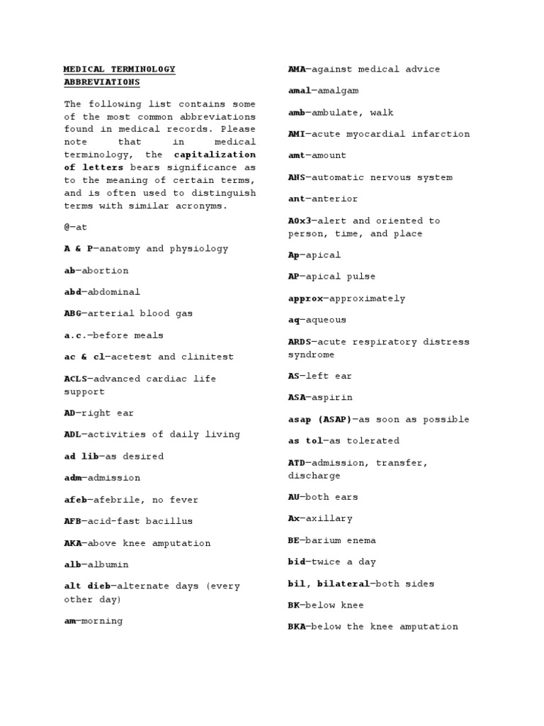 Medical Terminology Abbreviations | PDF