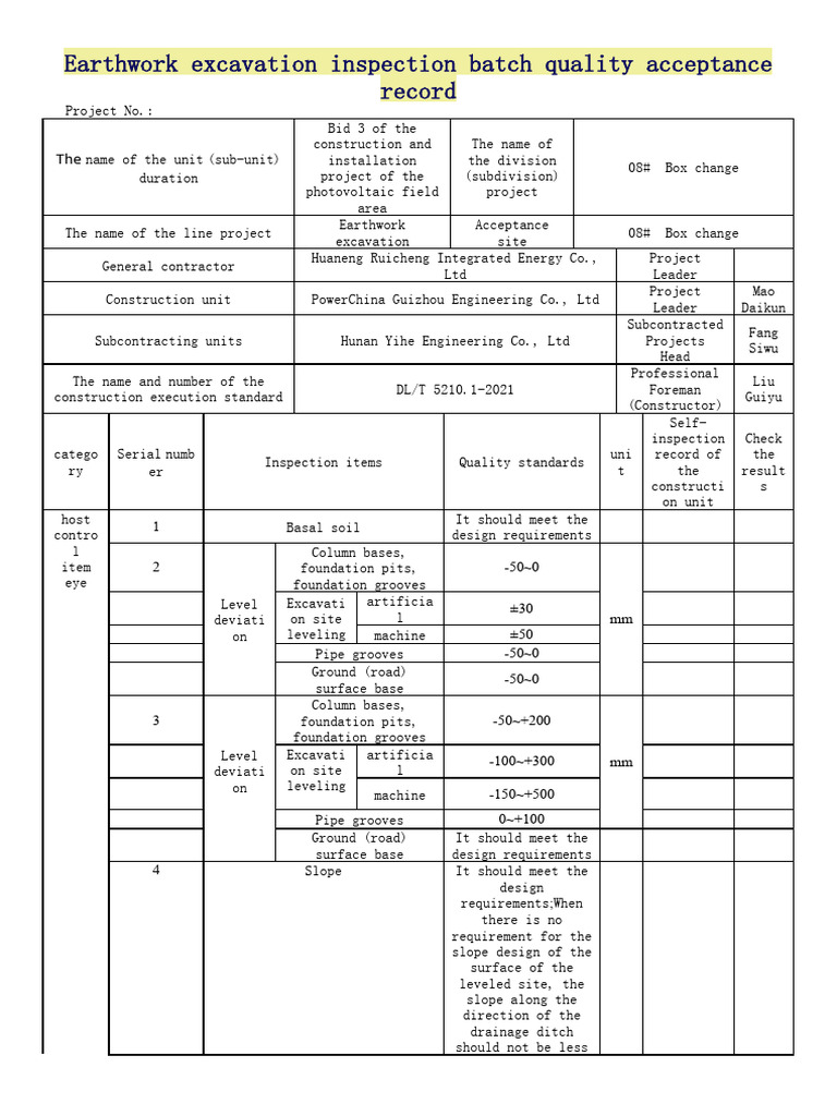 Earthwork Excavation Inspection Batch Quality Acceptance Record | PDF ...