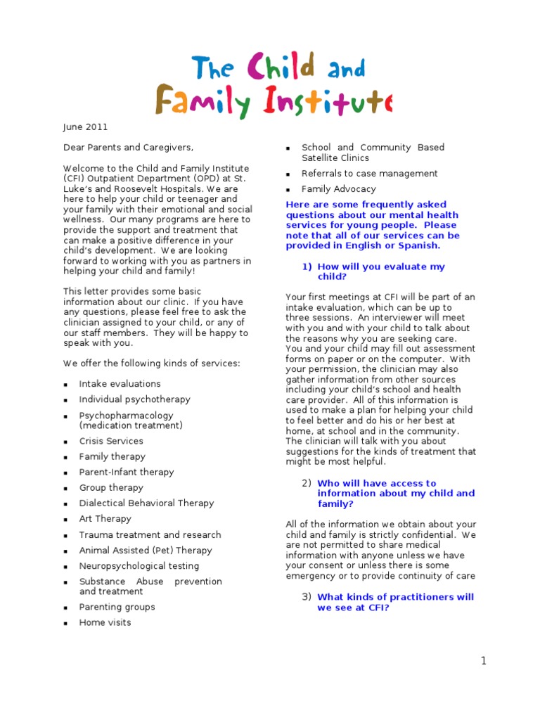 Welcome Letter for Families | Art Therapy | Psychotherapy