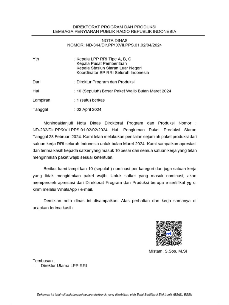 ND 344 10 (Sepuluh) Besar Paket Wajib Bulan Maret 2024 | PDF