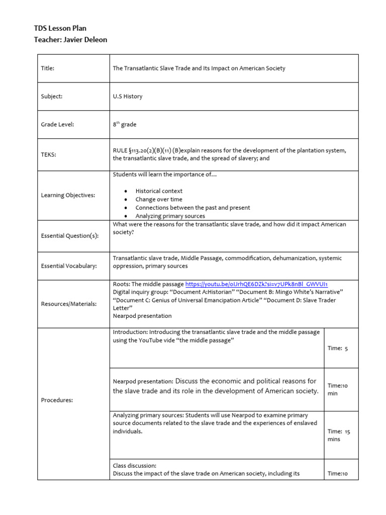 tds lesson plan | PDF | Atlantic Slave Trade | Slavery