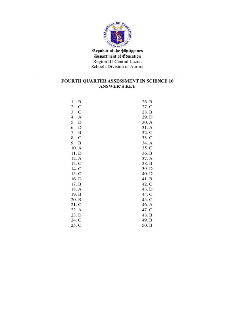 SDO AURORA - 4th Quarter Assessment in Science 10 Answer Key | PDF