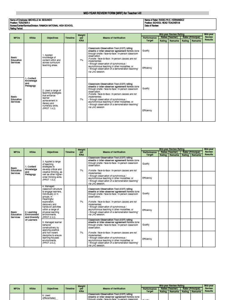 Mid Year Review Form 2 | PDF | Learning | Teachers