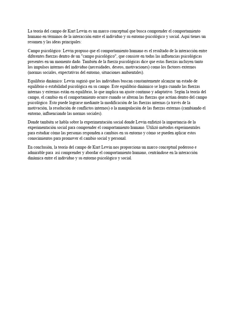 La Teoría Del Campo de Kurt Lewin | PDF