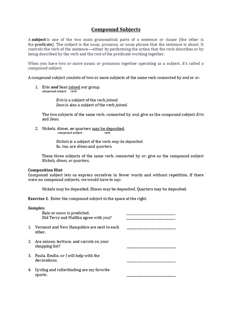 Understanding Compound Subjects | PDF | Subject (Grammar) | Verb