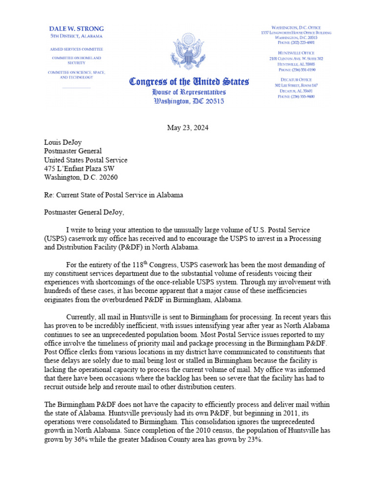 Dale Strong's Letter To Postmaster General Louis DeJoy | PDF | United ...
