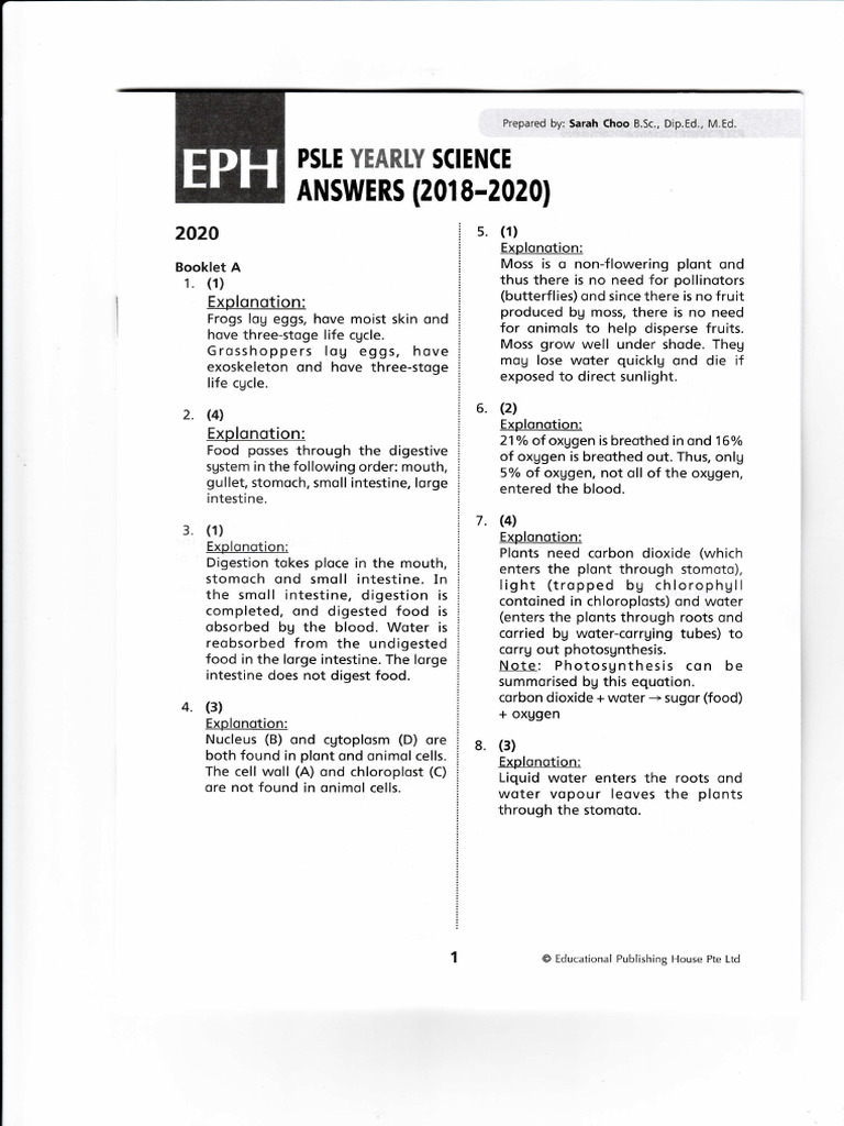 PSLE 2020 Science Answers Summary | PDF | Applied And Interdisciplinary ...