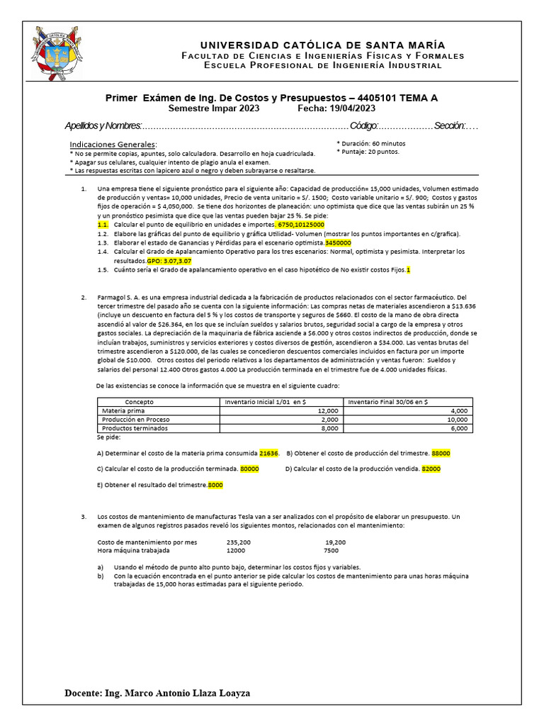Primer Examen Ing Costos y Presupuestos 2023 Tema A Formato Final Rptas ...