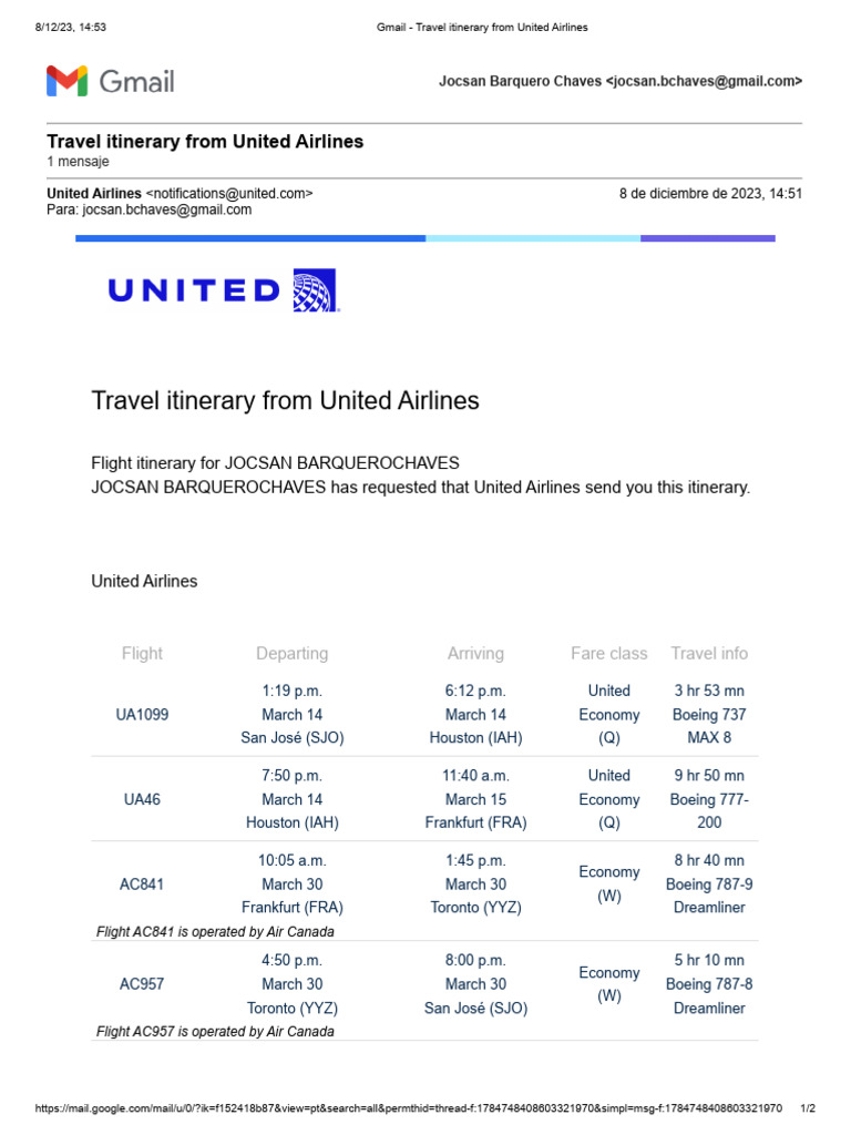 Gmail - Travel Itinerary From United Airlines | PDF | United Airlines ...