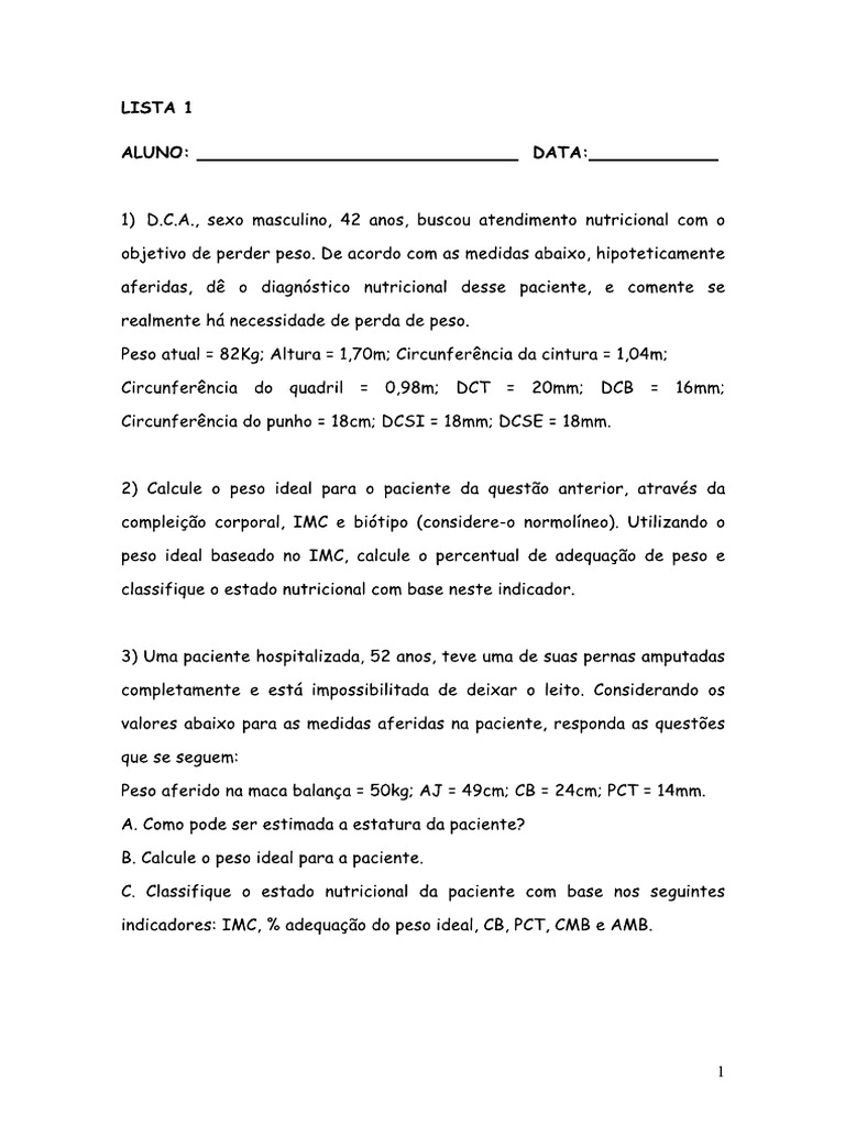 List Exerc Aval Nutricional | PDF