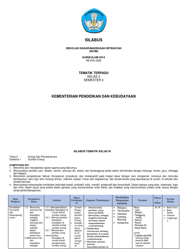 Silabus Kelas 3 Tema 6 - 9 Komponen 2023-2024 - WIEKE | PDF