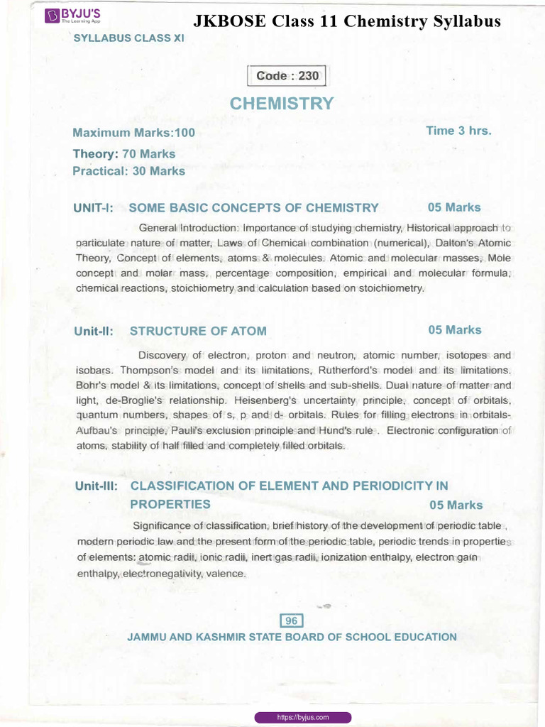 JKBOSE Class 11 Chemistry Syllabus | PDF