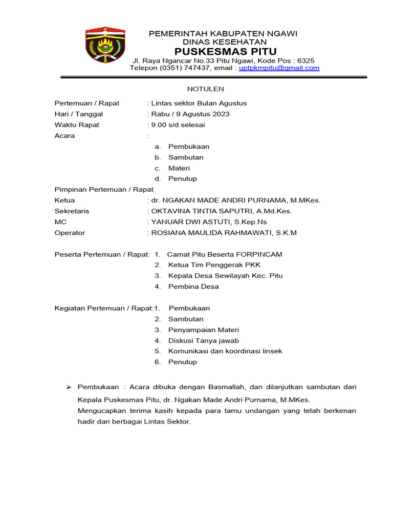 Notulen Linsek 9 Agustus 2023 | PDF | Kesehatan Holistik
