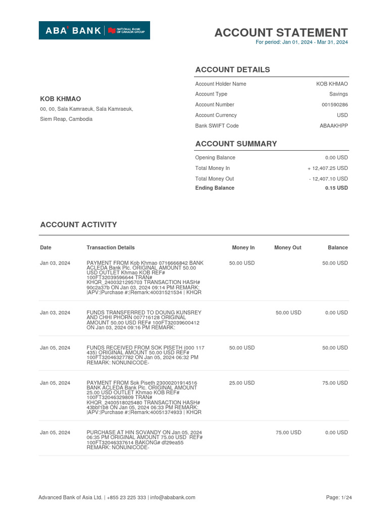 KOB KHMAO Savings Account Statement | PDF | United States Dollar | Money