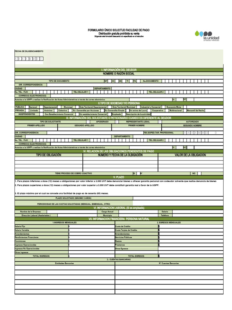 Pf-For-322 Formulario Unico Solicitud Facilidad de Pago 2.0 | PDF ...