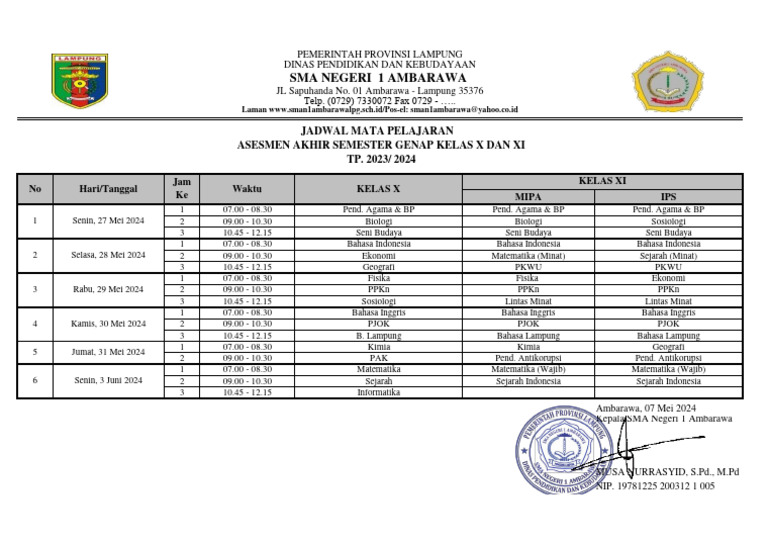 Jadwal Asesmen Akhir Semester Genap 2023 - 2024 Fix Ok | PDF