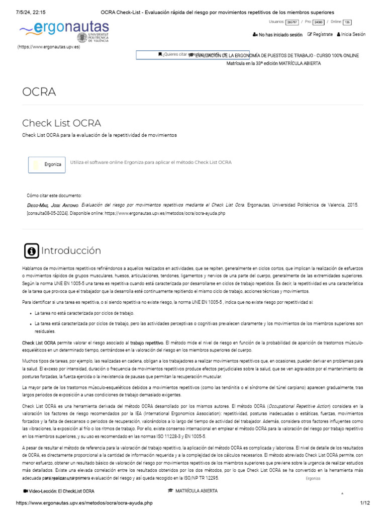 OCRA Check-List - Evaluación Rápida Del Riesgo Por Movimientos ...