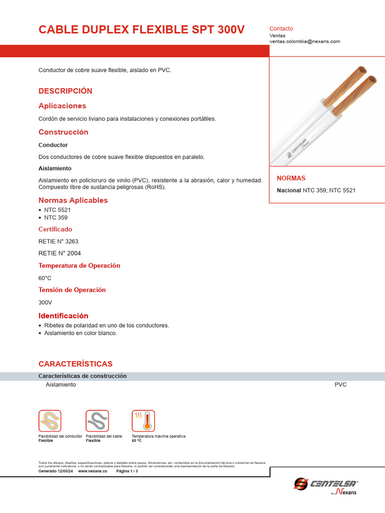 Nexans Cable Duplex Flexible SPT 300v | PDF | Aislador (Electricidad ...