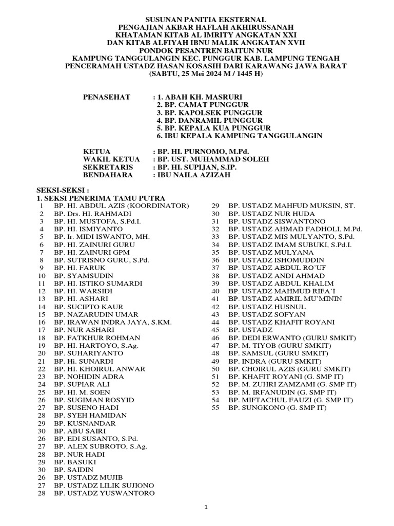 Susunan Panitia Akhirussanah Eksternal 2024.revisi | PDF