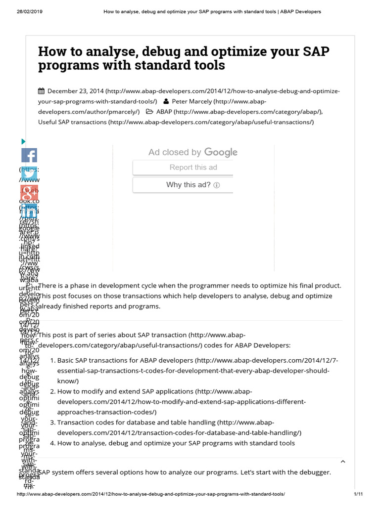 How To Analyse, Debug and Optimize Your SAP Programs With Standard Tools - ABAP Developers | PDF ...