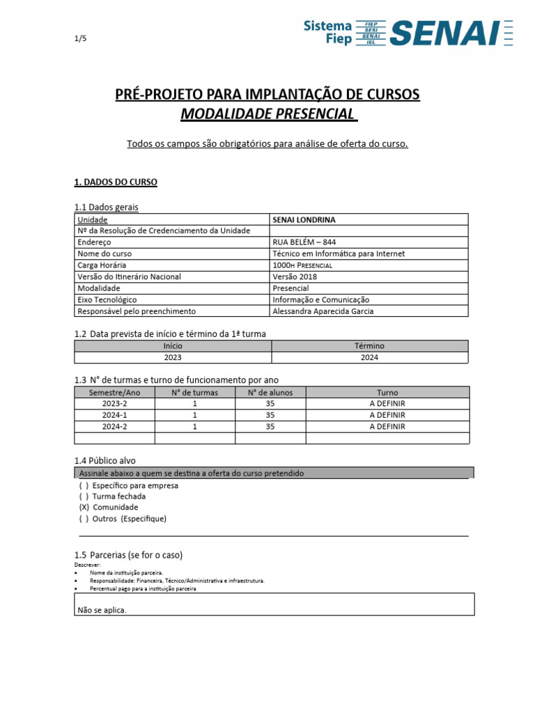 Pré projeto modelo - Cursos Presenciais Técnico em Informática para ...