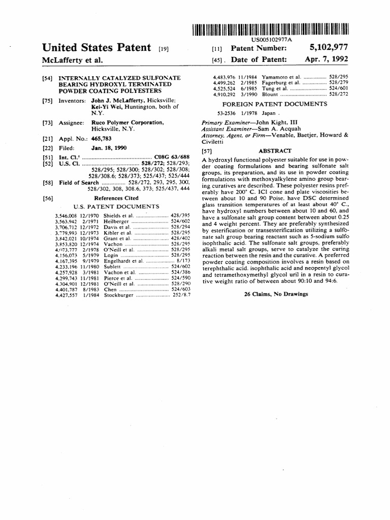 US5102977 - Internally Catalyzed Sulfonate Bearing Hydroxyl Terminated ...