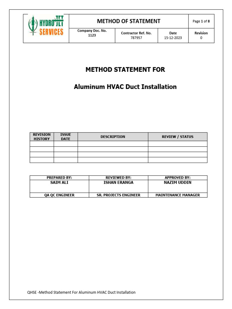 Method Statement For Duct | PDF | Duct (Flow) | Building Engineering