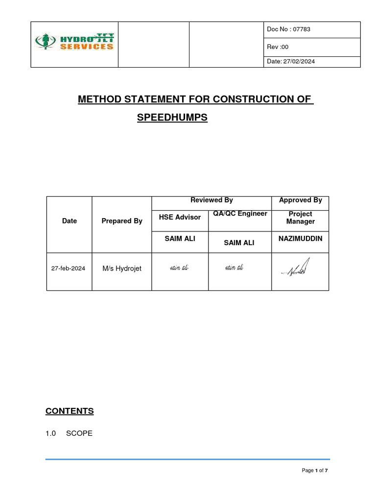 Method Statement For Costruction of SPEED HUMPS | PDF | Paint | Safety