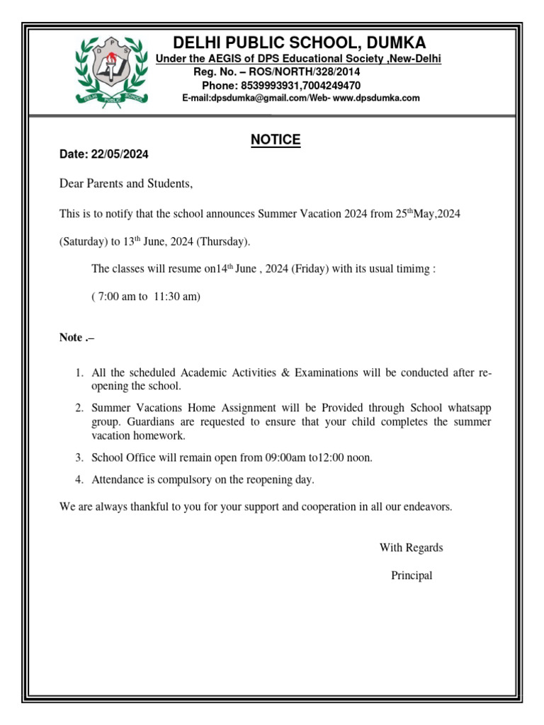 Summer Vacation Notice 2024 | PDF | Wellness