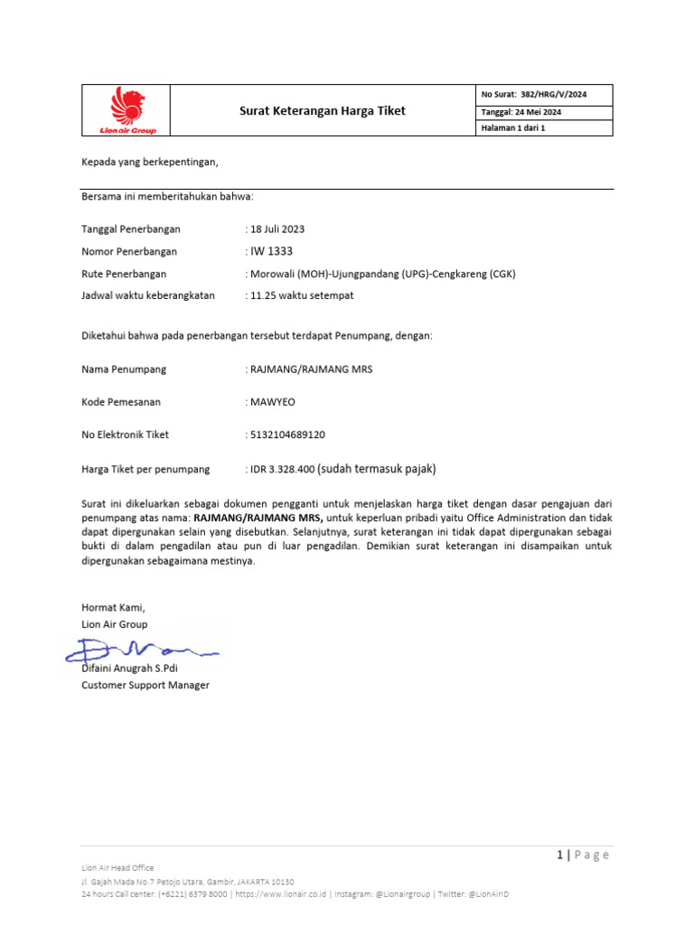 Surat Keterangan Harga Tiket - PDF MAWYEO RT | PDF