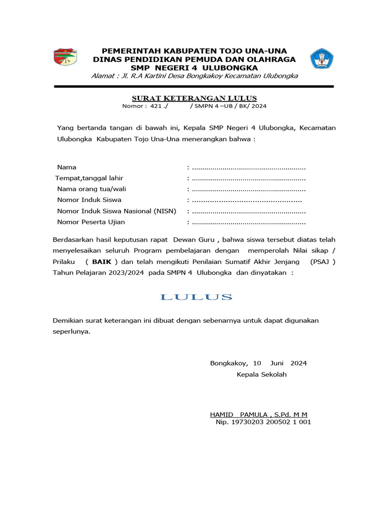 Surat Keterangan Lulus SMP 2024 | PDF