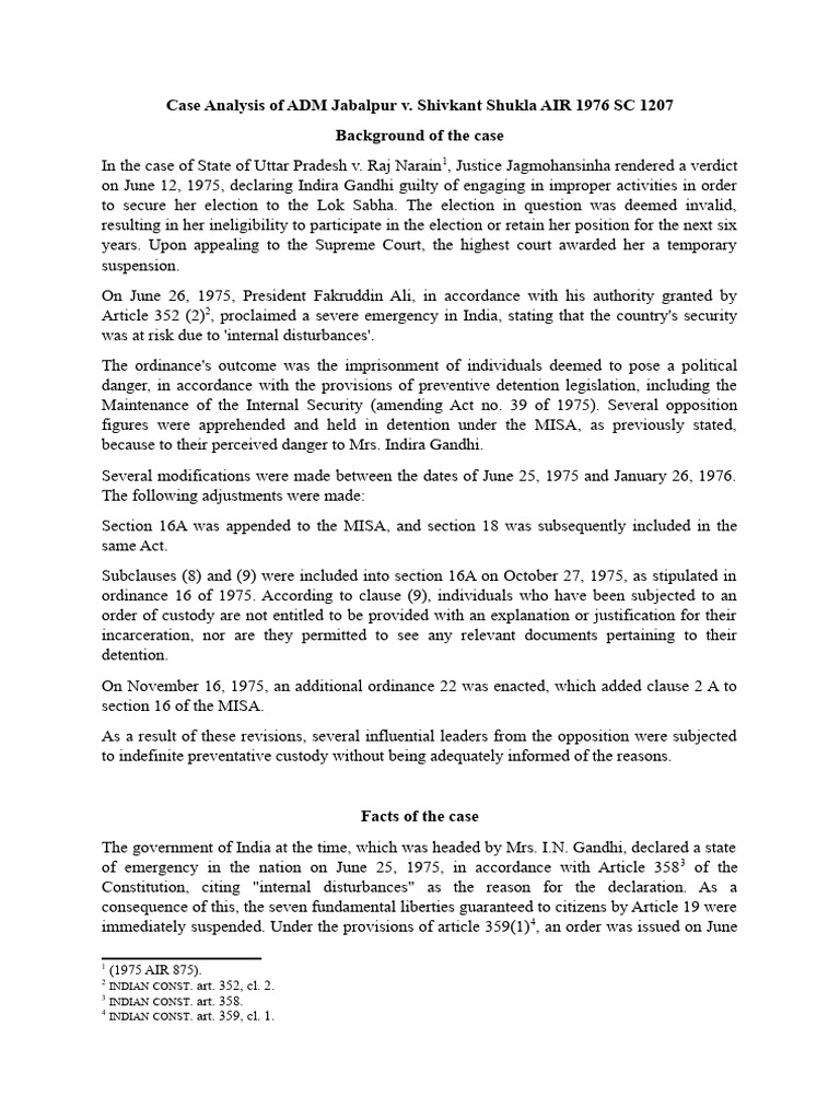 Case Analysis of ADM Jabalpur | PDF | Habeas Corpus | Government