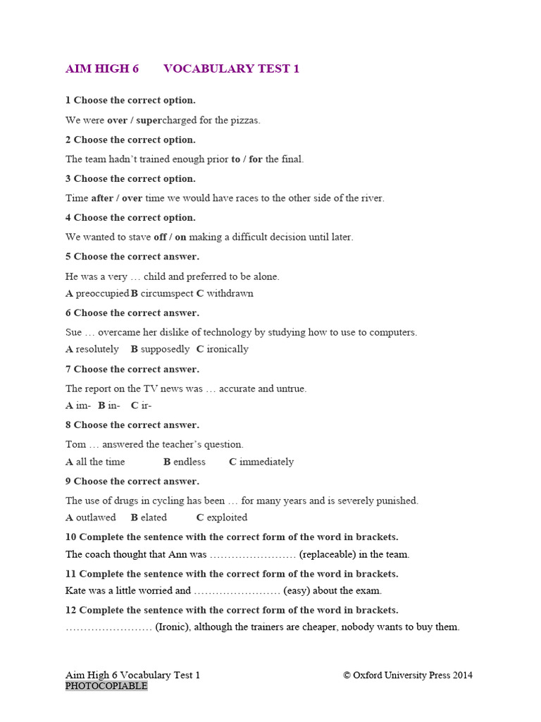 Aim High 6 Vocabulary Test 1 | PDF | Cognition