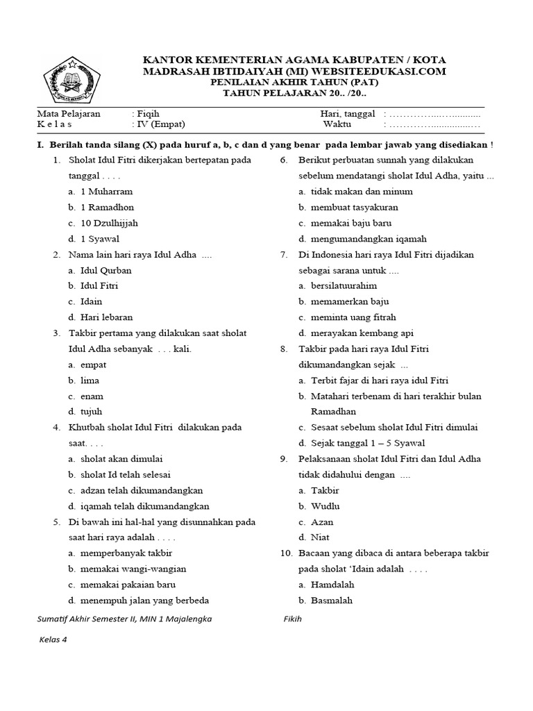 GF - Soal PAT Kelas 4 MI - Fikih TP 2023 - 2024 | PDF