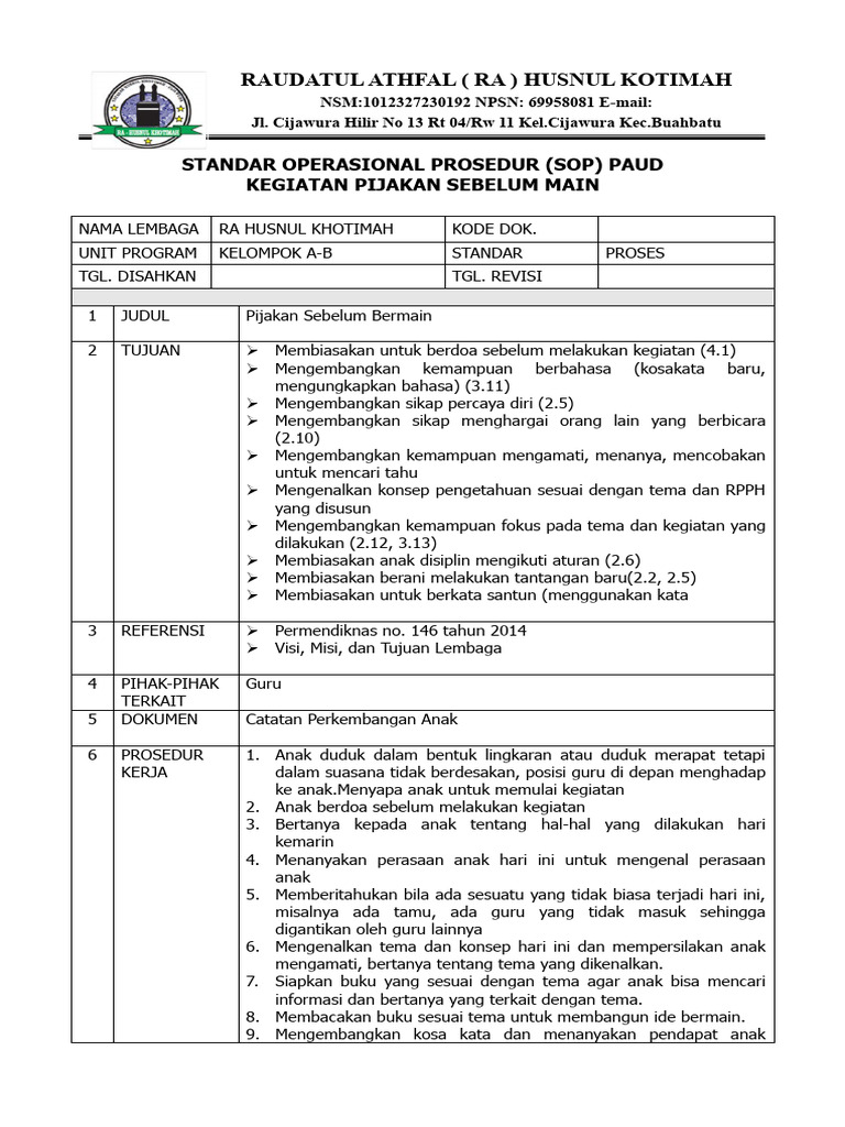 SOP Kegiatan Pijakan PAUD RA | PDF