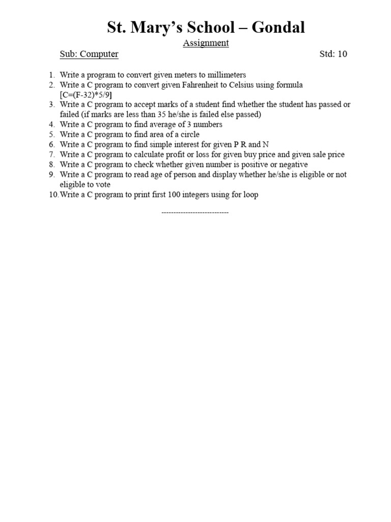 C Programming Assignments for Grade 10 | PDF | Teaching Methods & Materials