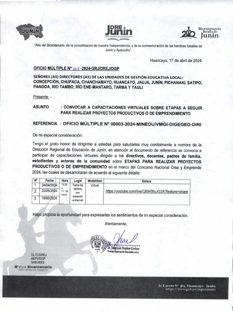 Oficio Múltiple 163-2024-Grj-Drej-Dgp | PDF