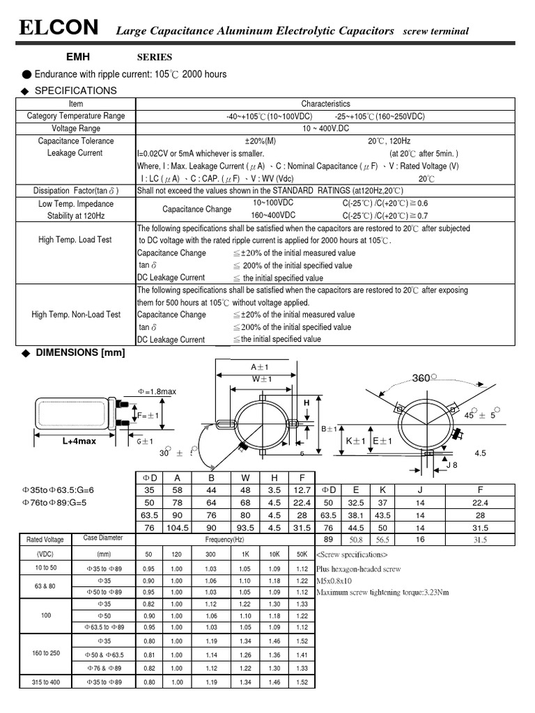 Elcon (Screw Terminal) 2006 EMH Series | PDF | Capacitor | Voltage