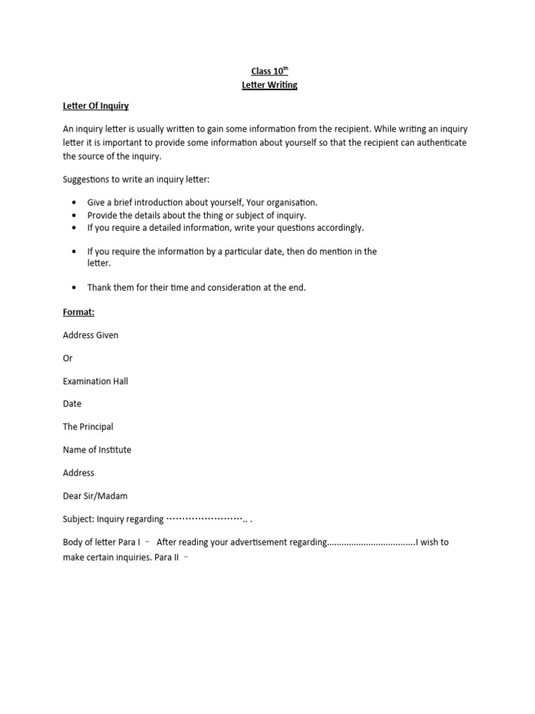 Class 10 Inquiry Letter Guide | PDF | Career & Growth