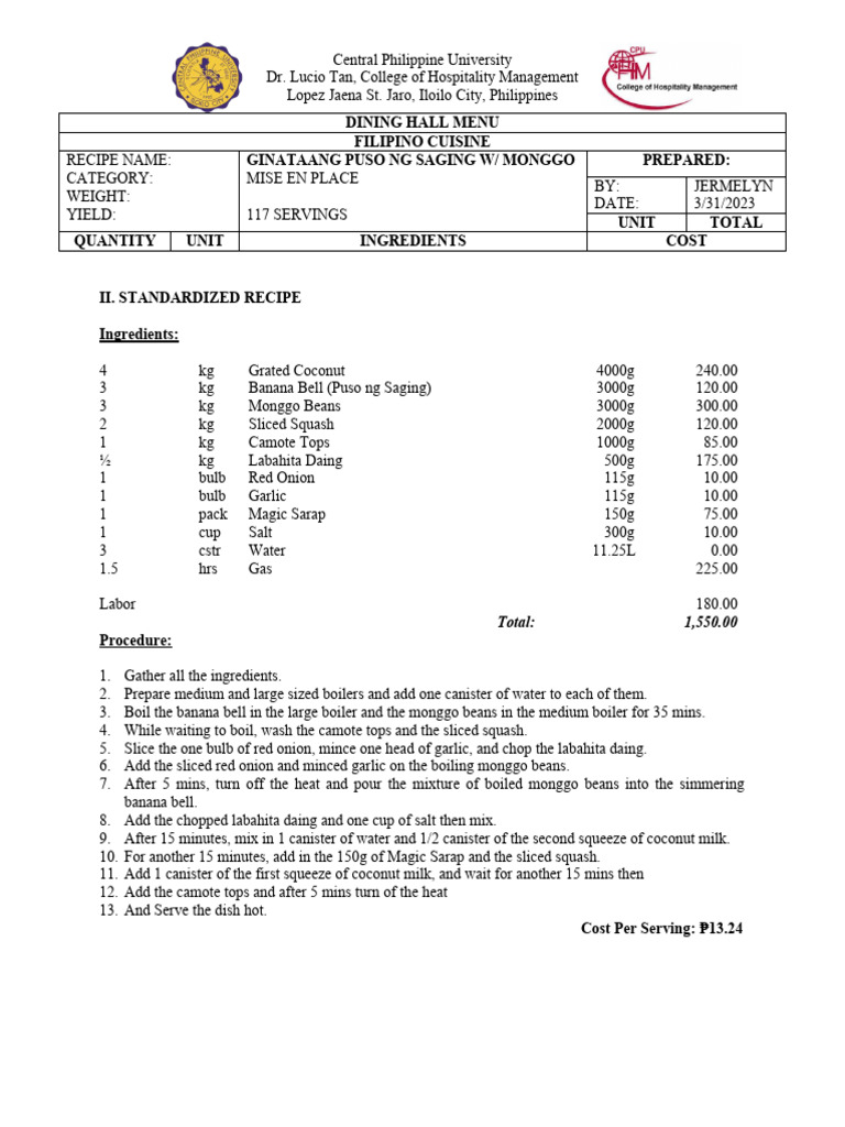 DINING HALL MENU COSTING | PDF | Onion | Garlic