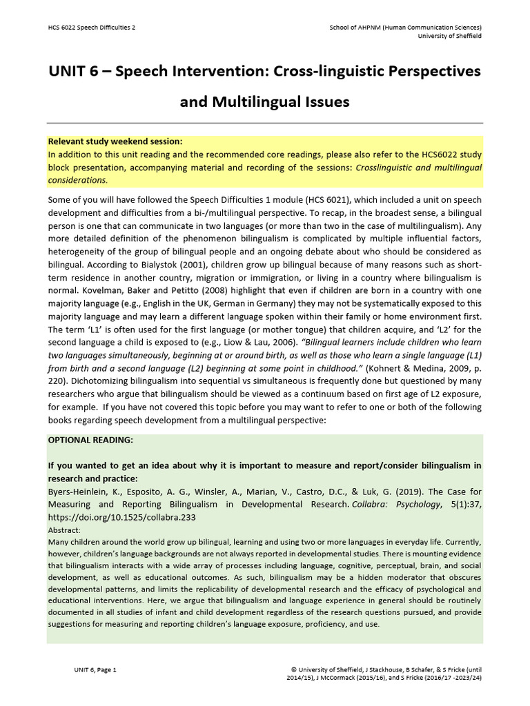 HCS6022 Unit 6 2023 24 | PDF | Multilingualism | Speech