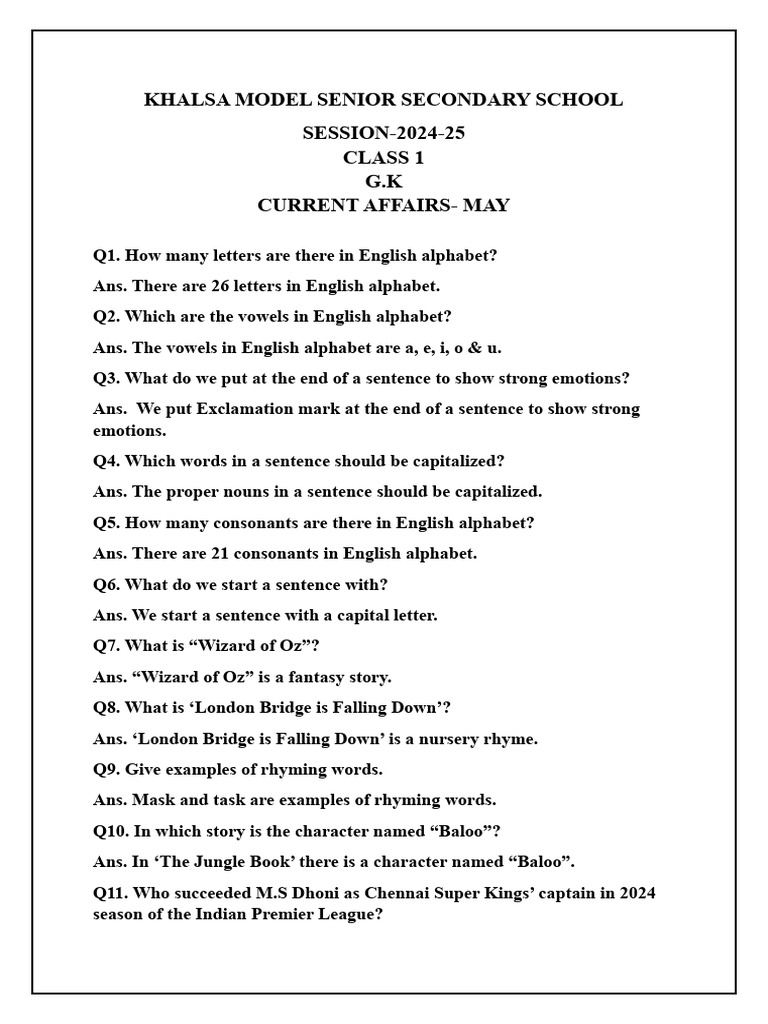 Class - 1 G.K (Current Affairs - May 2024-25) | PDF | Language Arts & Discipline | Foreign ...