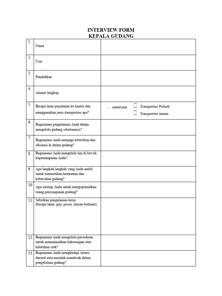 Interview Form Kepala Gudang | PDF | Karier & Perkembangan