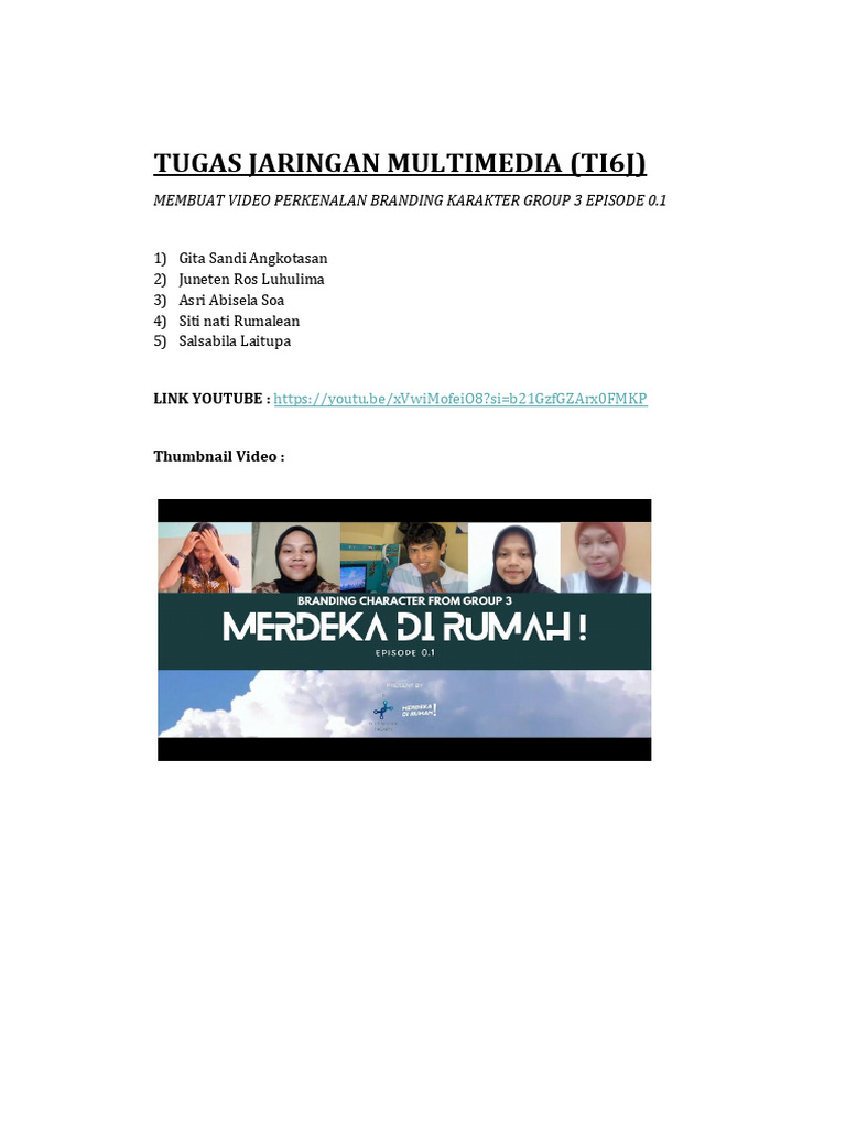 Tugas Video Perkenalan Diri Episode 0.1_mata Kuliah Jaringan Multimedia (Group 3) | PDF